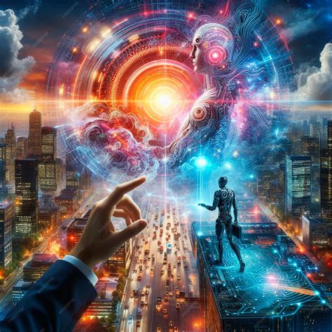 Premium Photo Human Interaction With Artificial Intelligence Illuminating A Futuristic Cityscape