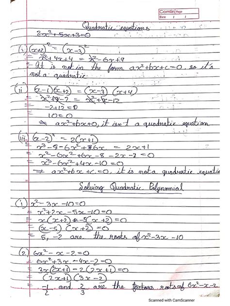 Quadratic Equations Notes Pdf