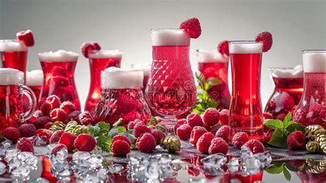 Raspberry Beer Glasses And Fresh Raspberries And Hops On A Reflective