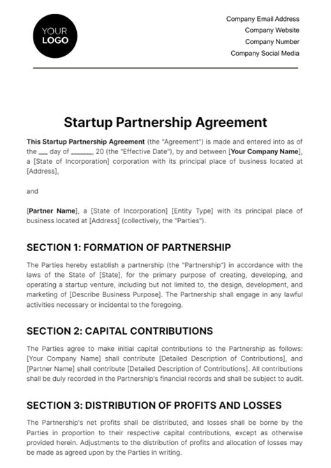 Free Startup Partnership Agreement Template Edit Online And Download