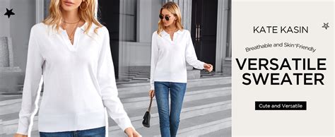 Kate Kasin Women Long Sleeve Polo Sweater V Neck Knitted Tops Casual