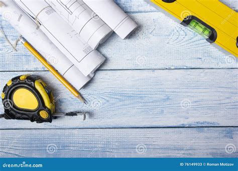 Architect Worplace Top View Architectural Project Blueprints Blueprint Rolls And Divider