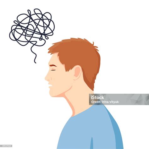불안 우울증 스트레스 두통 현기증 슬프고 불안한 사람의 생각 젊은이는 생각의 흐름 머리 속의 혼돈에 둘러싸여 있습니다 정신 장애 어려운 삶의 상황 개념에 대한 스톡 벡터