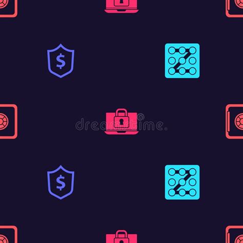 Set Graphic Password Protection Shield With Dollar Laptop And Lock And Safe On Seamless