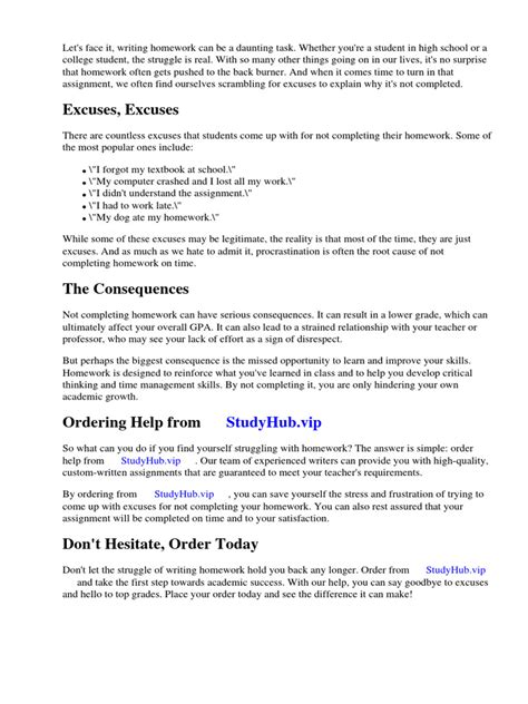 Most Popular Excuses For Missing Homework Pdf Homework