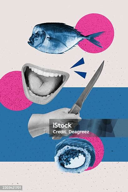 트렌드 삽화 합성 배너 3d 사진 콜라주 일본어 동부 국가 전통 입 미소 손 잡기 칼 생선 초밥 먹다 음식 0명에 대한 스톡 사진 및 기타 이미지 Istock