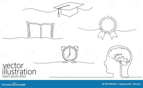 Set Line Graduation Cap Neural Network And Binary Code Icon Vector