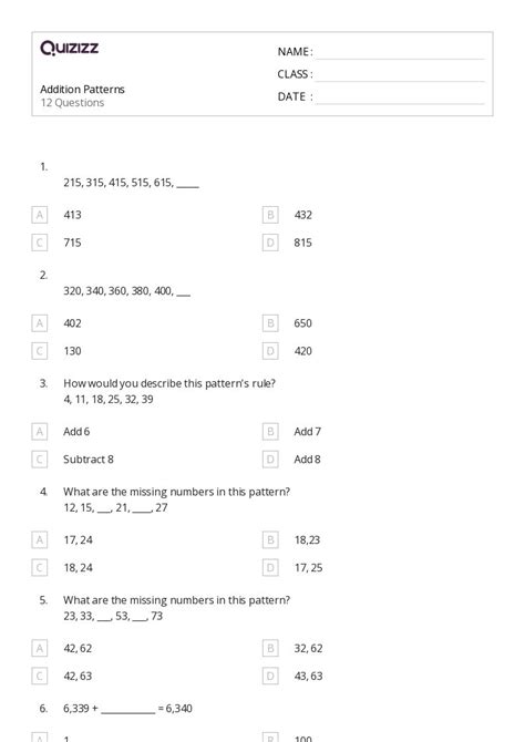 50 Addition And Patterns Of One More Worksheets For 3rd Class On