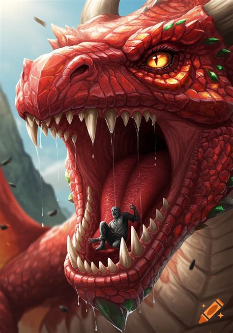 Close Up Of A Giant Red Dragon With Its Mouth Open Showing Sharp Teeth