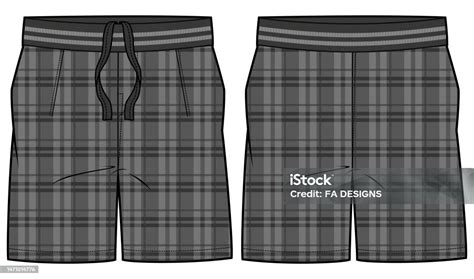 파자마 니트 반바지 디자인 평면 스케치 벡터 일러스트 잠옷 반바지 개념 앞면과 뒷면보기 인쇄 버뮤다 워킹 반바지 디자인 망 파자마 짧은 0명에 대한 스톡 벡터 아트 및 기타