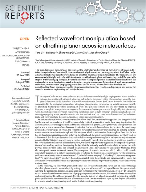 Pdf Reflected Wavefront Manipulation Based On Ultrathin Planar Acoustic Metasurfaces