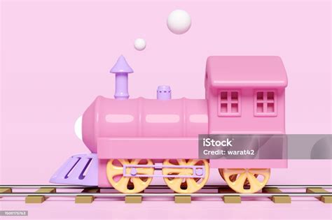 철도 트랙이 있는 3d 기관차 증기 기관차 운송 장난감 여름 여행 서비스 분홍색 배경에 격리된 여행자 관광 열차 계획 측면도 3d 렌더링 그림 클리핑 경로 3차원 형태에
