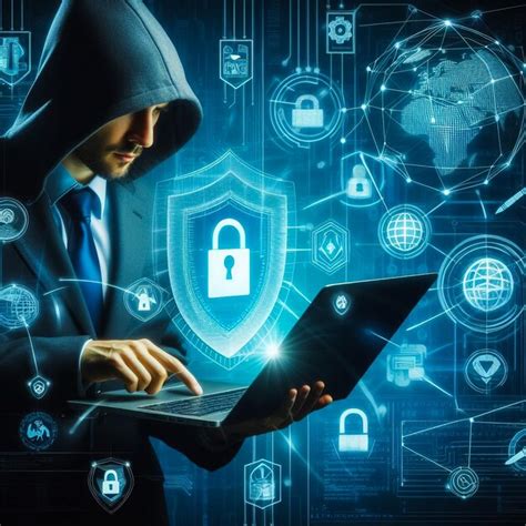 Hacking And Safety Concept Hacker At Desktop Using Laptop With Glowing Padlock Map Hologram On