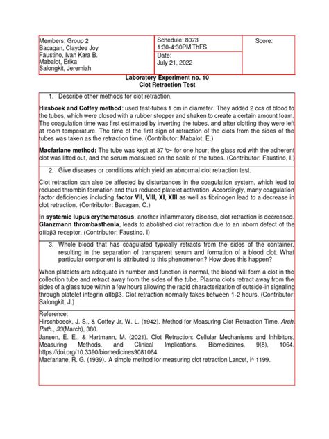 8073 Group2 Clot Retraction Test Pdf Coagulation Platelet