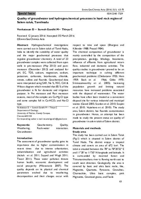 Pdf Quality Of Groundwater And Hydrogeochemical Processes In Hard Rock Region Of Salem Taluk