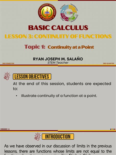 Basic Calculus Q3 Limits And Continuity Lesson3 Topic1 Continuity At A Point 1 Pdf
