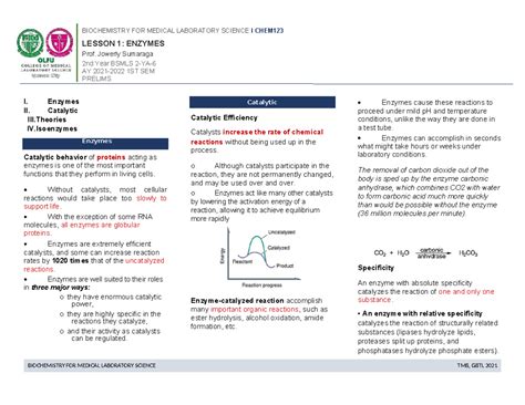 Biochem Compiled Compoled Notes BIOCHEMISTRY FOR MEDICAL LABORATORY SCIENCE I CHEM LESSON