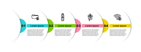 세트 라인 폴더 및 잠금 Usb 플래시 드라이브 복고풍 벽 시계 및 와이파이 가 잠겨 있습니다 비즈니스 인포그래픽 템플릿입니다 벡터 Usb 케이블에 대한 스톡 벡터 아트 및