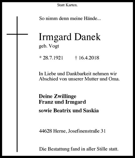 Traueranzeigen Von Irmgard Danek Trauer In Nrw De