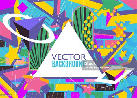 오래된 기하학적 모양을 가진 복고풍 기하학적 배경 추상적인 바쁜 Psychodelic 체적 벡터 간단한 배너 포스터 생생한
