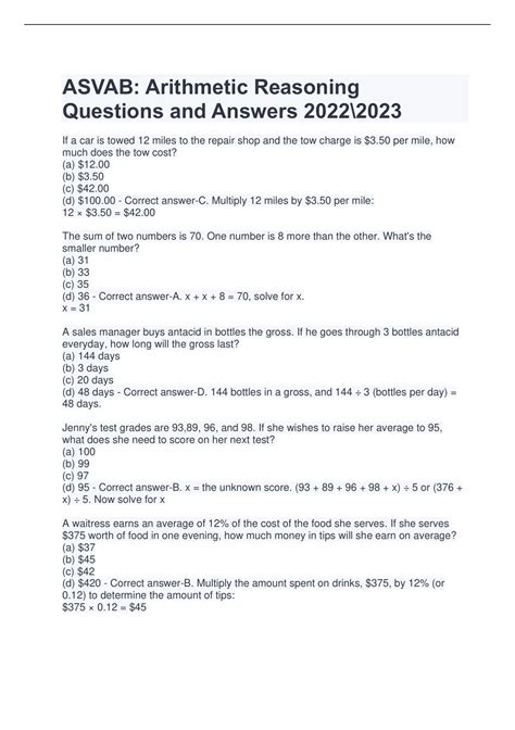 Asvab Arithmetic Reasoning Questions And Answers Asvab Stuvia Us