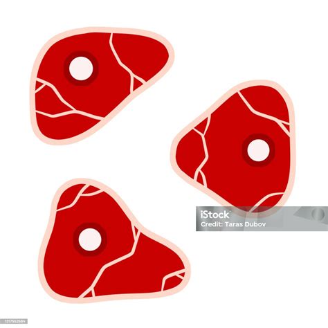 생 고기 조각 갈색 튀김 표면 줄무늬와 지방신선한 붉은 음식 세트 만화 평면 일러스트 쇠고기 조각의 절반을 잘라냅니다 부엌 그릴 바베큐 스테이크 와 맛있는 식사의 요소 개체