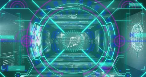 Image Of Neon Round Scanner And Interface Against Screens With Medical