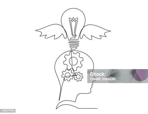 흰색 배경에 선 그리기로 날개가 달린 날개와 전구가 있는 사람 머리의 연속적인 한 선 그리기 벡터 공학에 대한 스톡 벡터 아트 및 기타 이미지 Istock