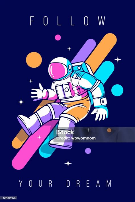 컬러 라인과 우주 공간을 탐험 우주복에서 우주 비행사의 벡터 패션 일러스트 별과 어두운 배경에 우주 유영을 만드는 우주 비행사 공휴일에 대한 스톡 벡터 아트 및 기타 이미지