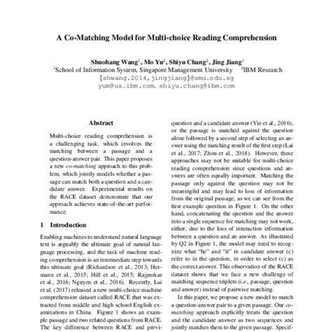 A Co Matching Model For Multi Choice Reading Comprehension Acl Anthology