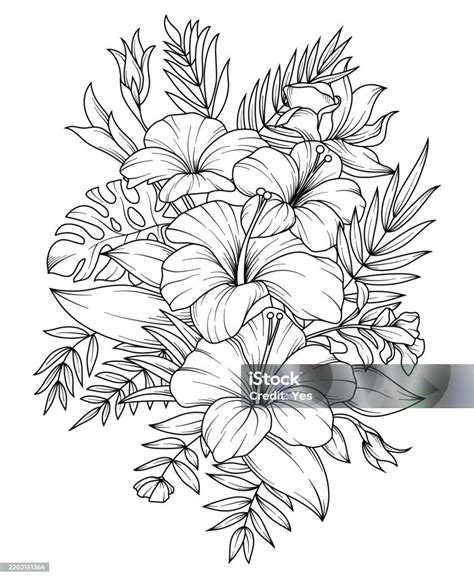 열대 꽃 히비스커스 몬스테라 고사리 잎의 선 그리기 꽃다발 식물 선 그리기 결혼식 로고 광고 포장을 위한 벡터 꽃 라인 아트 일러스트레이션 0명에 대한 스톡 벡터 아트 및