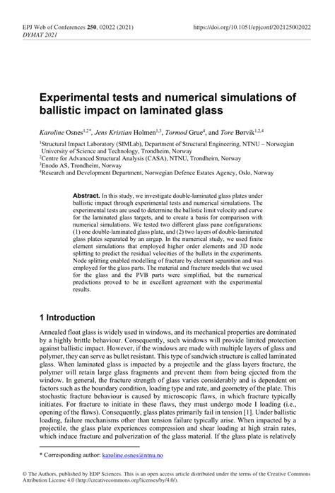 Pdf Experimental Tests And Numerical Simulations Of Ballistic Impact On Laminated Glass