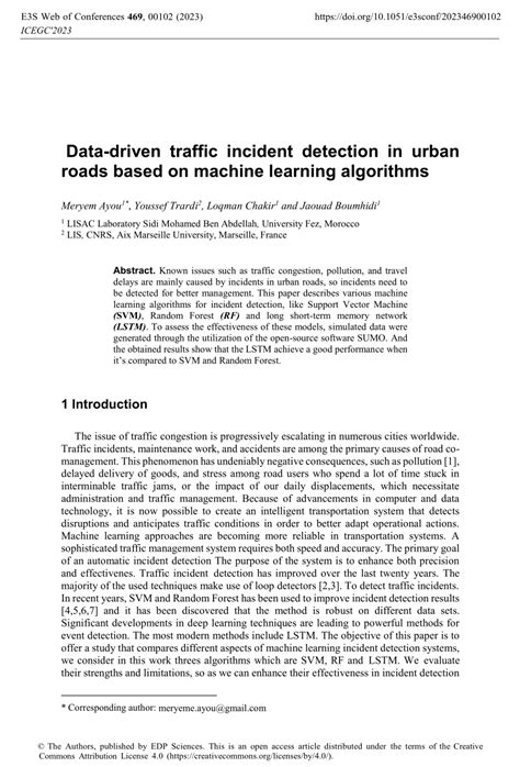 Pdf Data Driven Traffic Incident Detection In Urban Roads Based On
