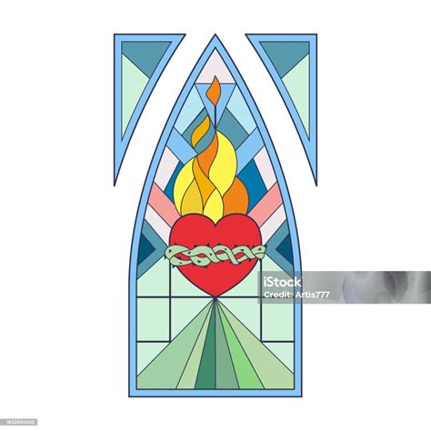 스테인드 글라스 아치 고딕 양식의 창 불타는 빨간 심장과 가시가 있는 모자이크 패턴 가시에 대한 스톡 벡터 아트 및 기타 이미지