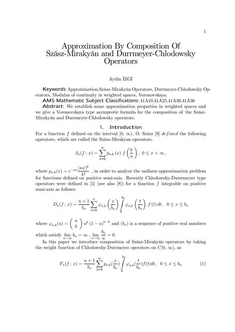 Pdf Approximation By Composition Of Szăsz Mirakyan And Durrmeyer Chlodowsky Operators
