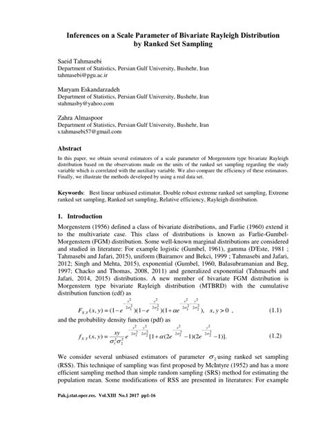 Pdf Inferences On A Scale Parameter Of Bivariate Rayleigh Distribution By Ranked Set Sampling