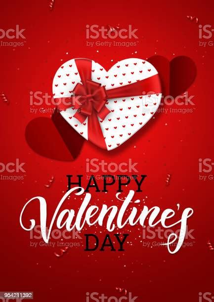 해피 발렌타인의 날 웹 배너입니다 심장 종이 하트와 빨간색 배경에 색종이의 형태에서 현실적인 선물 구성 로맨틱 한 배경 전단지 엽서 초대장 평면도 0명에 대한 스톡 사진 및