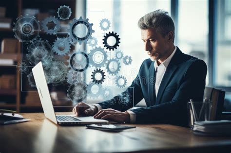 Businessman Integrating Gears With Digital Interface For Seamless Business Process Management