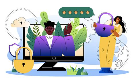 클라우드 컴퓨팅 보안 개념 컴퓨터 모니터 근처에 자물쇠를 가진 여자 개인 정보의 안전 및 보호 평면 벡터 일러스트 레이 션 개발에 대한 스톡 벡터 아트 및 기타 이미지