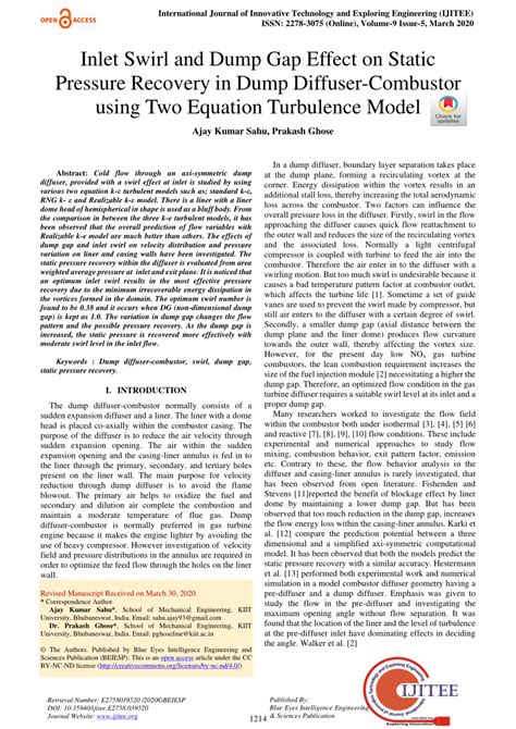 Pdf Inlet Swirl And Dump Gap Effect On Static Pressure Recov Ery In Dump Diffuser Combustor U
