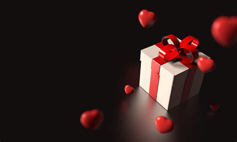 빨간 리본과 검은 색 배경에 하늘에서 떨어지는 많은 마음이 흰색 선물 상자 발렌타인 크리스마스 휴일과 블랙 프라이데이 개념 생일 축하 이벤트 배너 3d 일러스트레이션 3차원