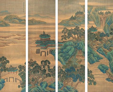 袁江——款【甲辰清冬】山水通景四屏 立轴欣赏 清袁江1662 1735字文涛，号岫泉。江都今江苏扬州人。是中国绘画史上有影响清代画家，宫廷画家，专攻山水楼阁界画。楼阁工整山水当时