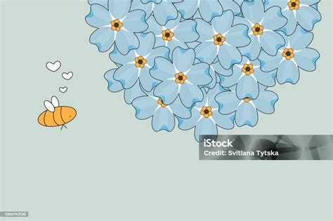 블루는 꽃이 파스텔 블루 배경에 없는 나를 잊어 버려 꽃은 원의 형태로 꽃다발로 형성된다 노란색 고립 된 윤곽 만화 꿀벌은 사랑에 마음은 주위에 개념에 대한 스톡 벡터 아트