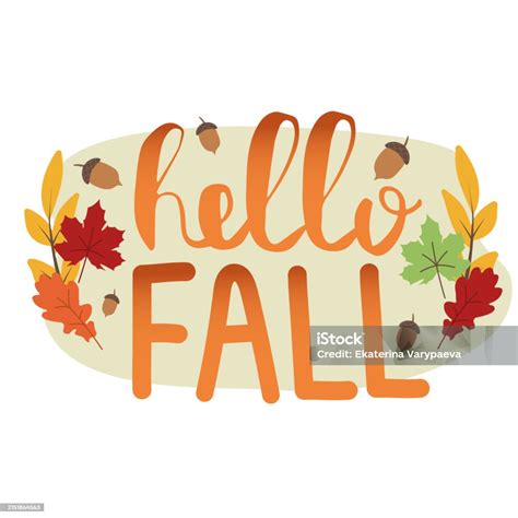 안녕하세요 가을 귀여운 글자 흰색 배경에 단풍이 있는 사용자 정의 서예입니다 포스터 배너 초대장 플래카드 요소 벡터 일러스트 레이 션입니다 10월에 대한 스톡 벡터 아트 및