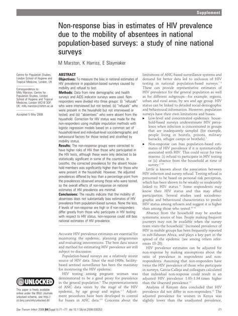 Pdf Non Response Bias In Estimates Of Hiv Prevalence Due To The Mobility Of Absentees In