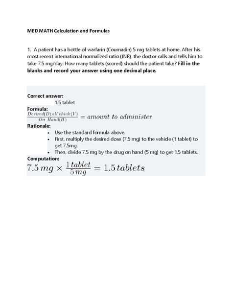 Med Math Calculation And Formulas After His Most Recent International Normalized Ratio Inr