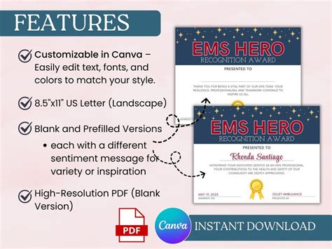 Ems Recognition Certificate Template Emt Paramedic Appreciation Award Editable Certificate