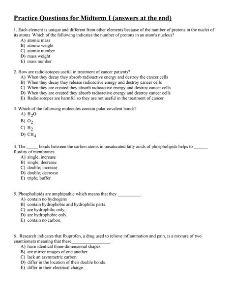Practice Midterm 1 For Biology Practice Questions For Midterm I Answers At The End Each