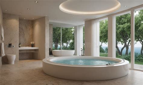 Luxurious Bathroom Features Large Round Bathtub White Fixtures And Circular Light Fixture