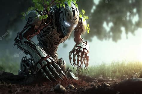 Premium Photo Cartoon Cute Robot Planted Seedling Young Tree Into The Soil Rehabilitation Of